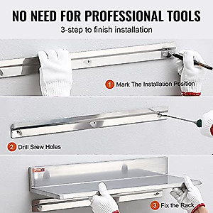 VEVOR 8.6" x 16" Stainless Steel Shelf, Wall Mounted Floating Shelving with Backsplash, 44 lbs Load Capacity Commercial Shelves, Heavy Duty Storage Rack for Restaurant, Kitchen, Bar, Home, and Hotel