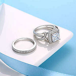 MABELLA Princess Cut Cubic Zirconia Wedding Rings for Women Halo Cz Infinity Engagement Bridal Ring Sets,925 Sterling Silver Gifts for Her,Size 9