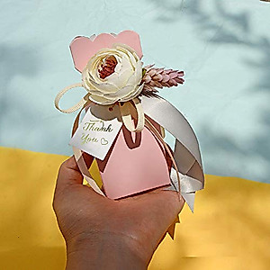 Amoleya Favor Boxes,Pack of 20 pcs DIY Wedding Favors Candy Boxes with Ribbon and Flower for Engagement, Bridal Shower Party, Princess Pink