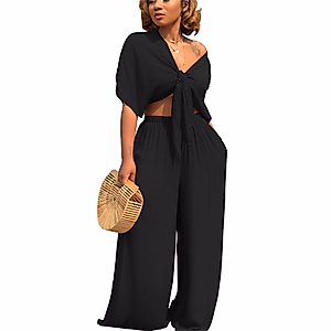 VLUNT Women's Sexy 2 Piece Outfits V-Neck Crop Top and Wide Leg Long Pants Jumpsuits Set,Black-S