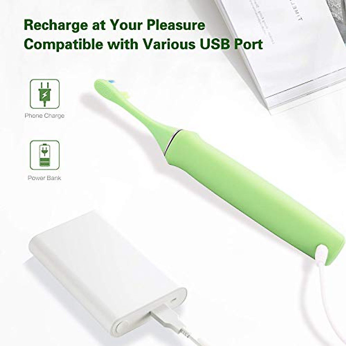 MICESHU Sonic Electronic Toothbrush for Adults, Cleaning with 3 Modes IP67 Waterproof Rechargeable Toohthbrush with 2pcs Replacement Dupont Brush Heads (Green)