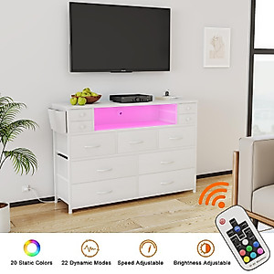 DRAWERHOM Dresser TV Stand with Power Outlets and LED Lights for 55'' TV, 11 Drawers Dresser with Side Pocket, Fabric Chest of Drawers with PU Finish, Sturdy Frame & Wood Top (White)
