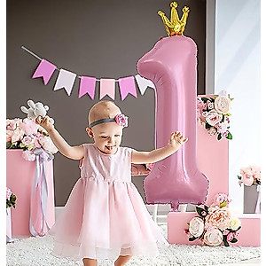 40 Inch Crown Pink Number 1 Balloons, Jumbo Light Pink Number Balloon Mylar Balloons for First Birthday, 1st Birthday Decorations Girls, Anniversary Decorations
