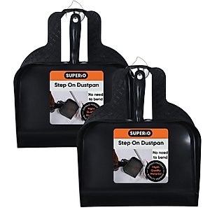 Superio Heavy Duty Plastic Step-on Dustpan with Comfort Grip Handle Black, Durable, Lightweight Multi Surface Dust Pan Easy Broom Sweeping, 10-inch Wide, 2-Pack