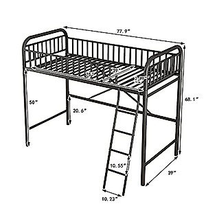 GINGVAT Twin Size Metal Loft Bed with Ladders/Full-Length Guardrails, Modern Style Study/Play Area, No Box Spring Needed, Black