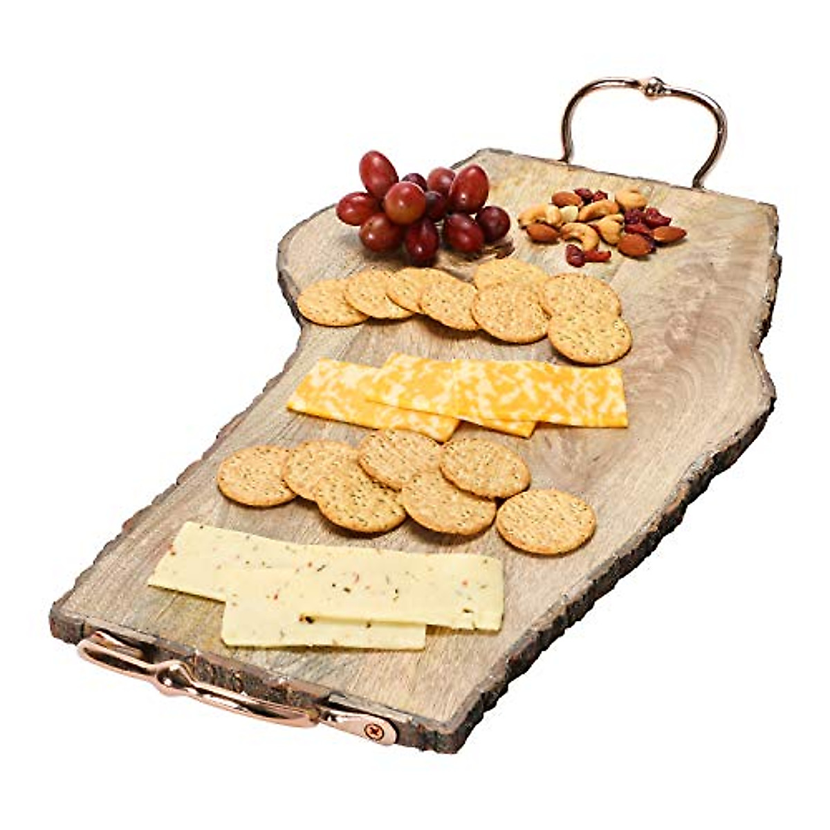 Creative Co-Op Mango Live Edge Wood Slab Serving Tray with Copper Finish Handles Cutting Board, 24" x 12.5", Natural
