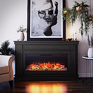 Ameriwood Home Elmcroft Wide Mantel with Linear Electric Fireplace, Black Oak
