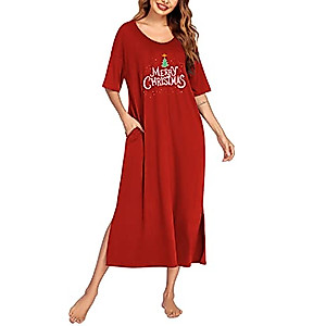Ekouaer Long Nightgown for Women Short Sleeve Sleepwear Plus Size Loungewear with Pockets Red Christmas Tree XL