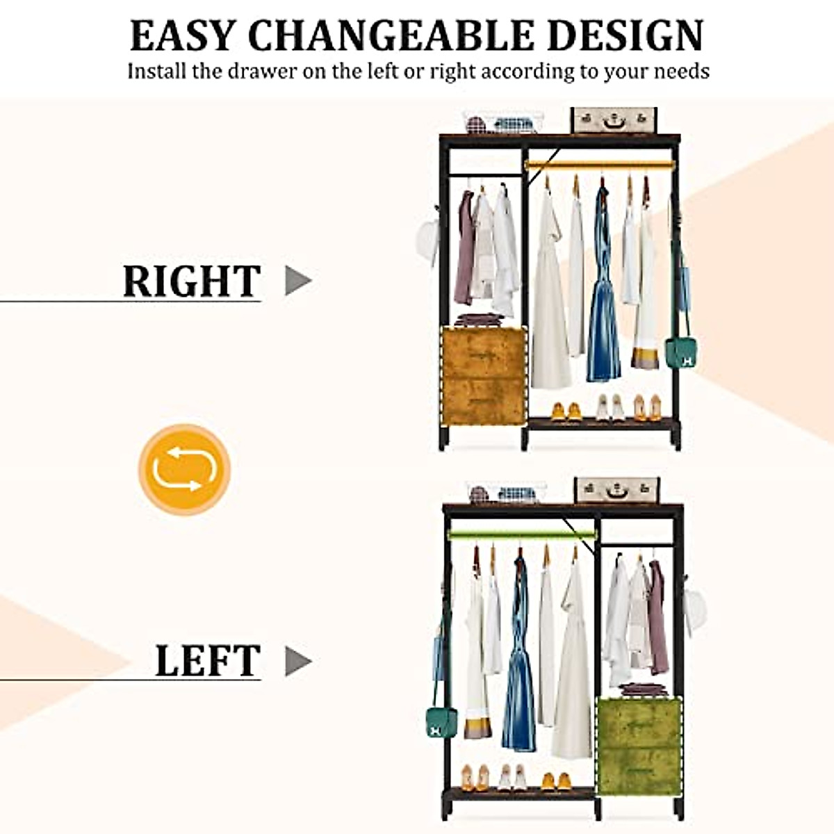 Tribesigns Freestanding Closet Organizer, Clothes Rack with Drawers and Shelves, 6 Hooks, Hanging Rods, Heavy-duty Garment Rack Wardrobe Closet Clothing Storage for Bedroom, Rustic Brown