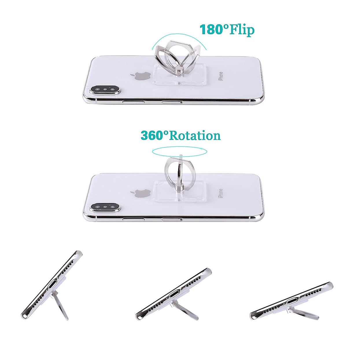 Cell Phone Ring Holder Stand Transparent Finger Grip Loop 360 Degree Rotation Finger Ring Stand (4 x Black (Round))