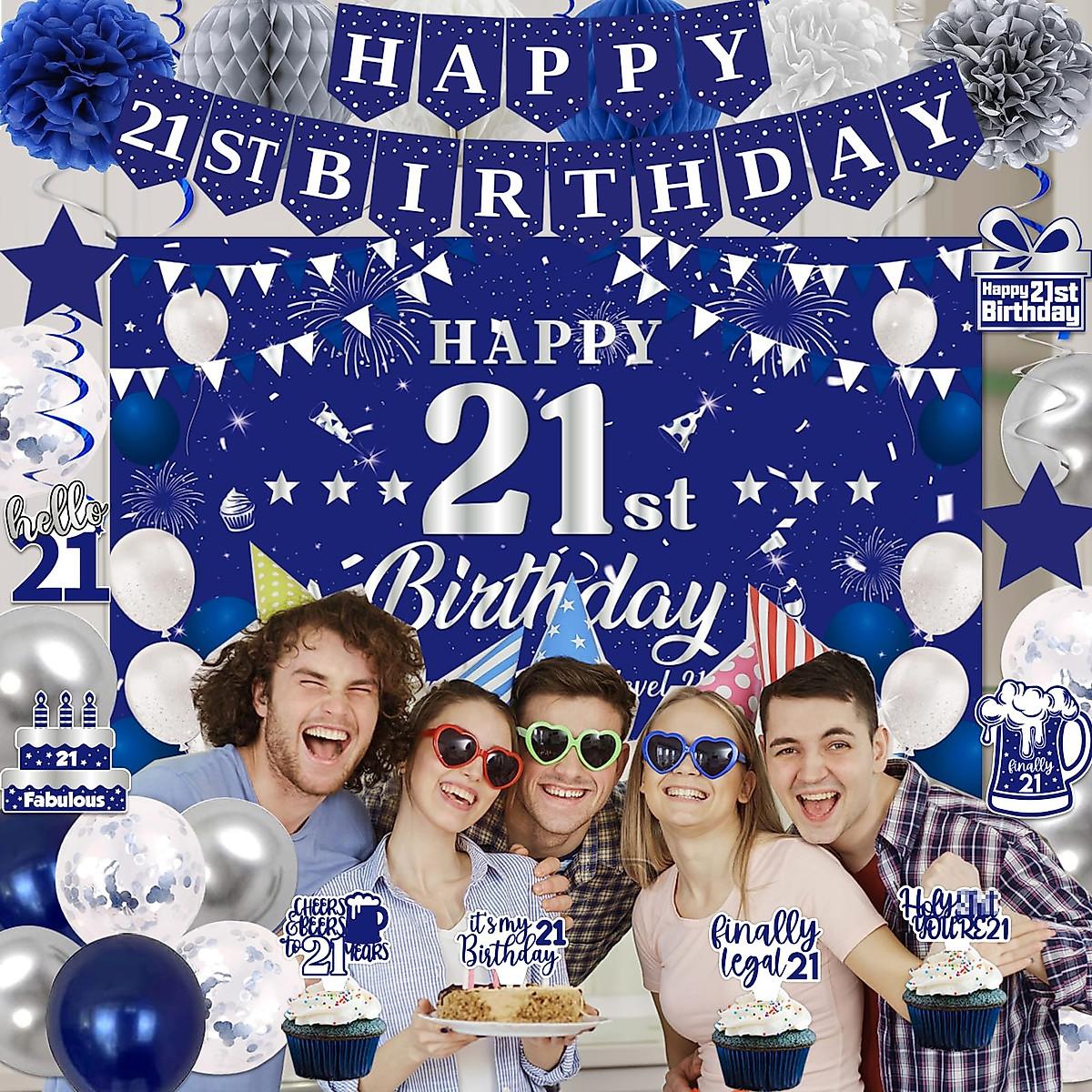21st Birthday Decorations for Boys Girls, Blue Silver Happy 21st Birthday Party Decorations, Happy 21st Birthday Backdrop, Banner, Balloons, Hanging Swirls, Birthday Cards, Cake Toppers, Pompoms 54pcs