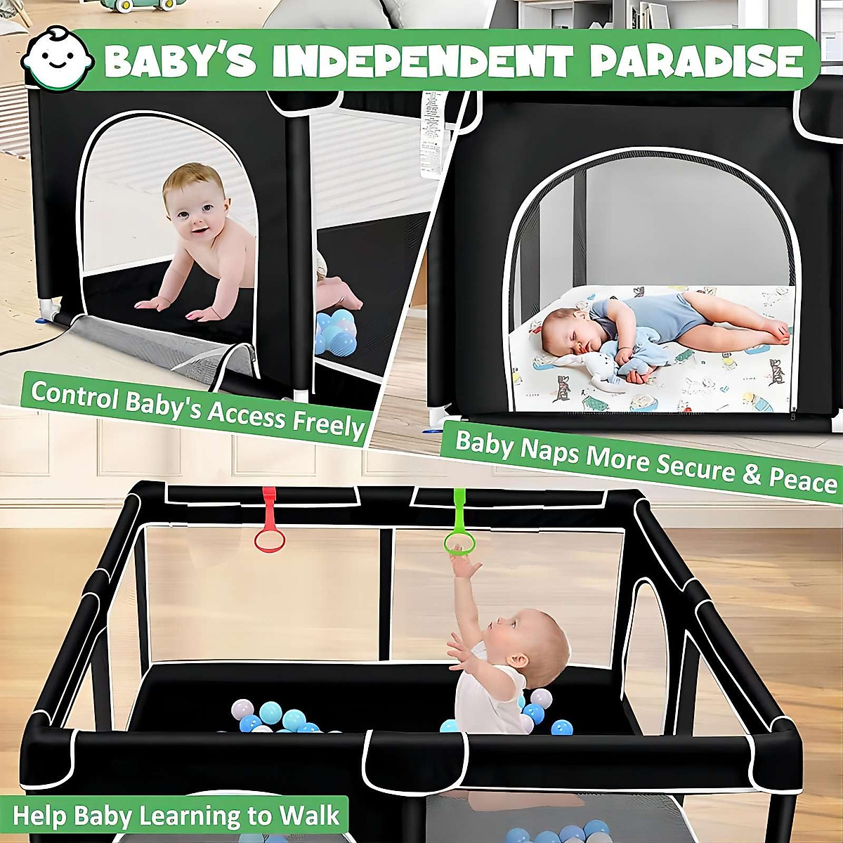 BeeHalo Baby Playpen Baby Playard, Playpen for Babies and Toddlers with Gate, Indoor & Outdoor Kids Activity Center with Anti-Slip Base,Sturdy Safety Play Yard with Soft Breathable Mesh(Black,50”×50”)