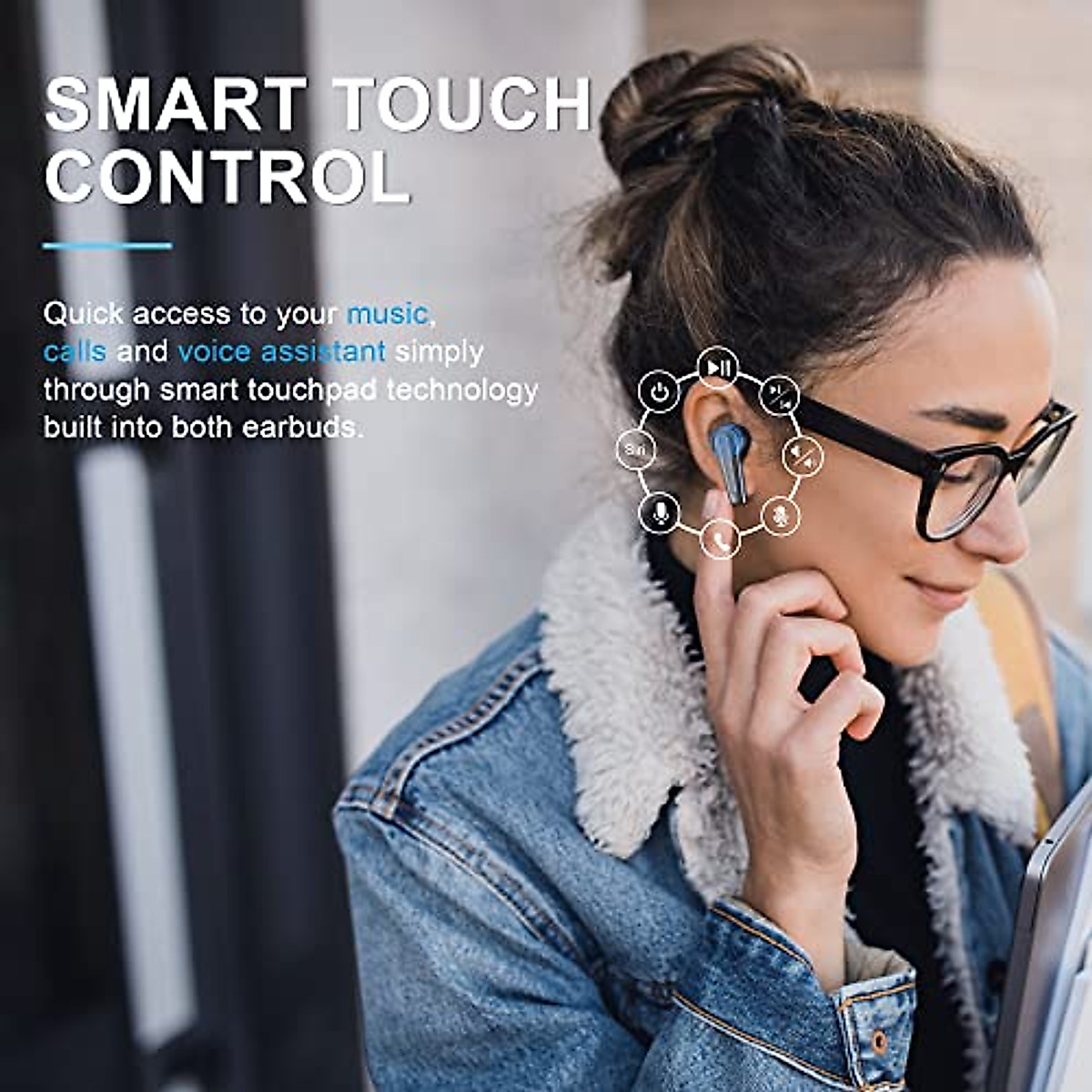 layajia Wireless Earbuds, Bluetooth 5.1 Air Mics Built-in Noise Cancelling, IPX7 Waterproof, Touch Control, USB-C Fast Charge, Deep Bass, in-Ear Headphones, 20H Playtime for iPhone/Android