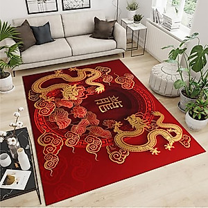 KOMEJIE Chinese Style Dragon Area Rugs, Red Traditional Classic Rug for Bedroom, Non Slip Easy Clean Soft Carpet for Hallway Floor Living Room 2 x 5 ft