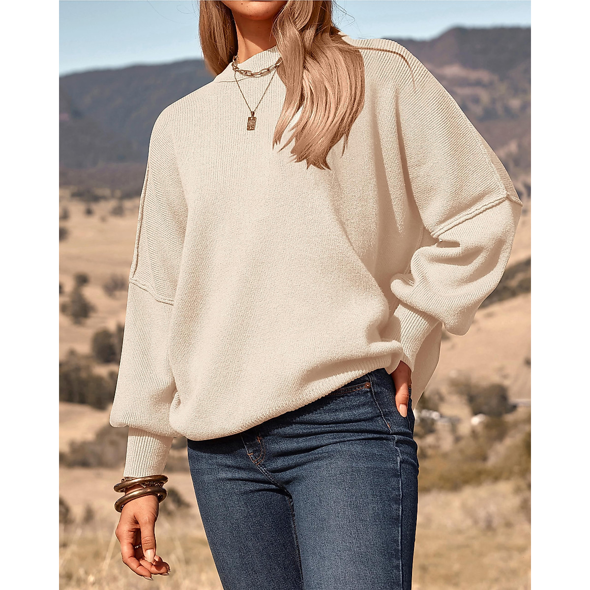PRETTYGARDEN Women's Oversized Sweater 2024 Casual Fall Crewneck Long Sleeve Loose Side Slit Ribbed Knit Pullover Tops(Solid Beige,Medium)