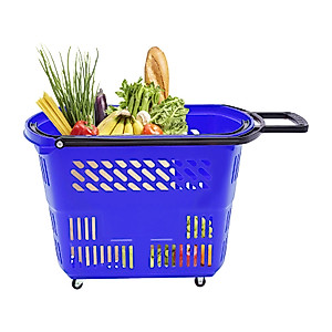 6PCS Shopping Carts, 35L w/Wheels and Handle, Shopping Basket Plastic Rolling Shopping Basket for Carrying and Storing Clothing Groceries (Blue)