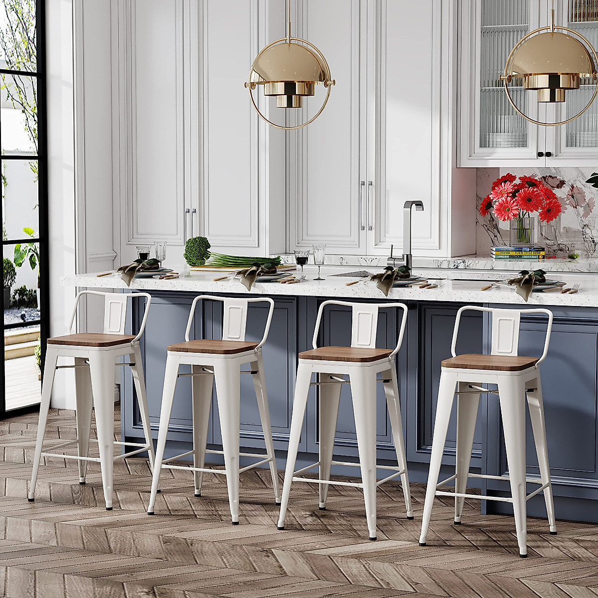 Changjie Furniture 24 Inch Bar Stools Set of 4 Industrial Metal Barstools Counter Height Bar Stool with Backs for Home Kitchen (24 inch, White)