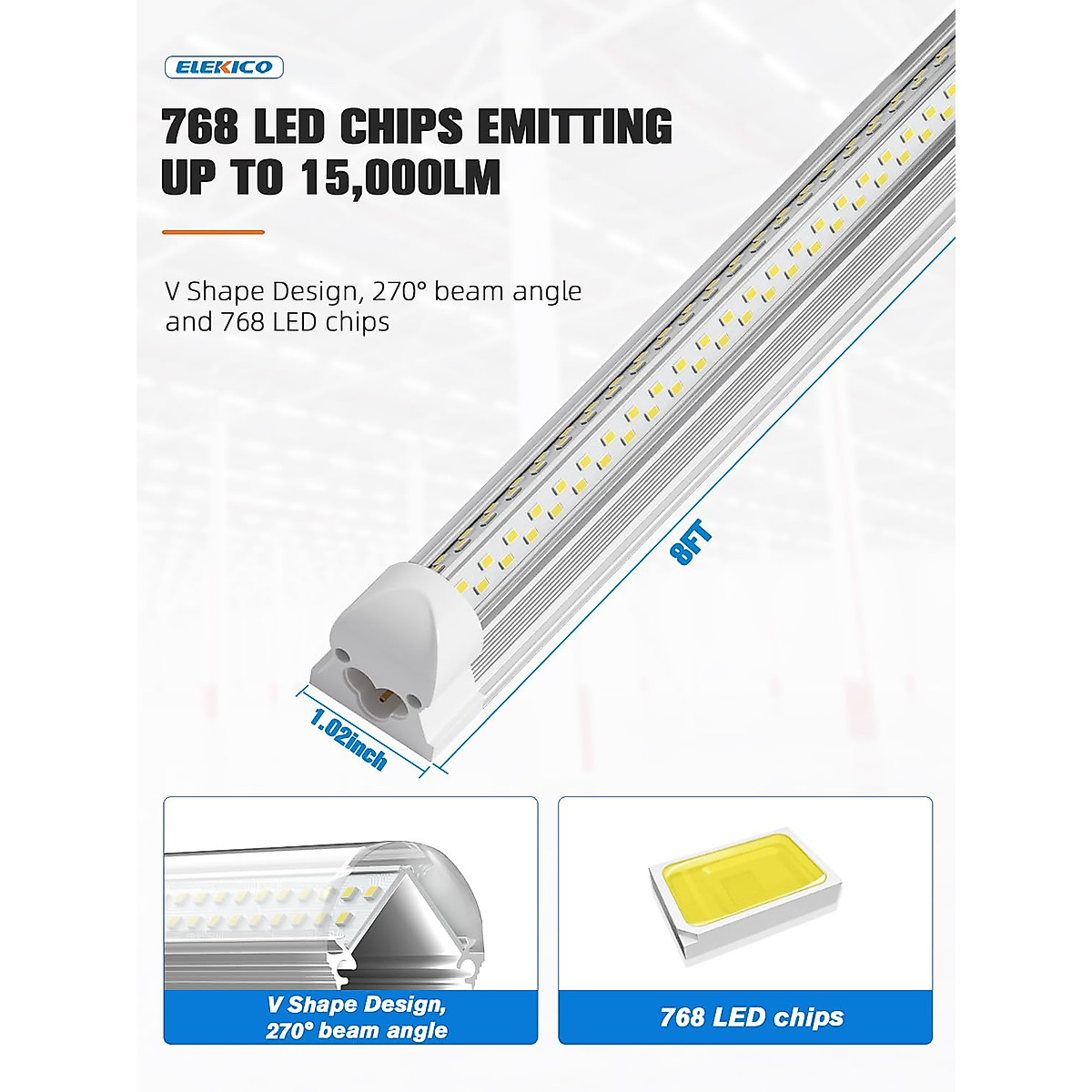 ELEKICO 8FT LED Shop Light, Super Bright 100W Shop Lights, 15000LM 5000K 8 Foot Led Lights, Linkable 96" LED Shop Lights Lighting for Garage with Plug, V Shape T8 8' Led Light Fixtures 10 Pack