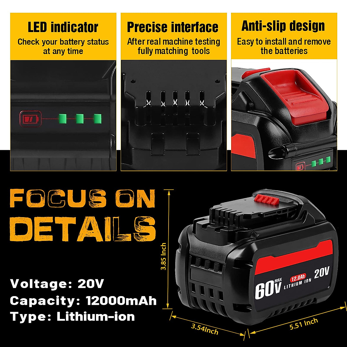 【Upgrade】20V/60V 12.0Ah Replace Battery for Dewalt 60V Battery DCB606 DCB612 MAX Repalce for Dewalt 60V Flexvolt battery DCB606-2 DCB609-2 DCB204 DCB206 Cordless Power Tools Lithium-ion Battery