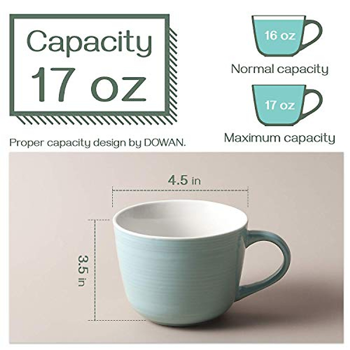 DOWAN Coffee Mug, Ceramic Soup Mugs with Handles, 17 Oz Wide Large Coffee Mugs Set of 2, Mug for Latte, Cappuccino, Tea, Green Coffee Mugs Dishwasher & Microwave Safe