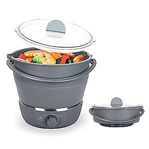 Drizzle Foldable Electrical Cooker Travel Pot - Dual Voltage 100V-240V Hot Pot Cooking - Food Grade Silicone Cookerware Boiling Water Steamer - Camping Office Hotel Noodle Porridge Soup