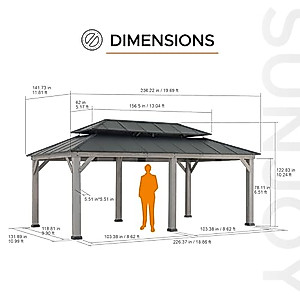 SUNJOY 12 x 20 ft. Wood Gazebo, Outdoor Patio Aluminum Hardtop Gazebo, Cedar Framed Wooden Gazebo with 2-Tier Roof, Suitable for Patios, Lawn and Backyard, Matte Black Roof + Gray Wood Frame