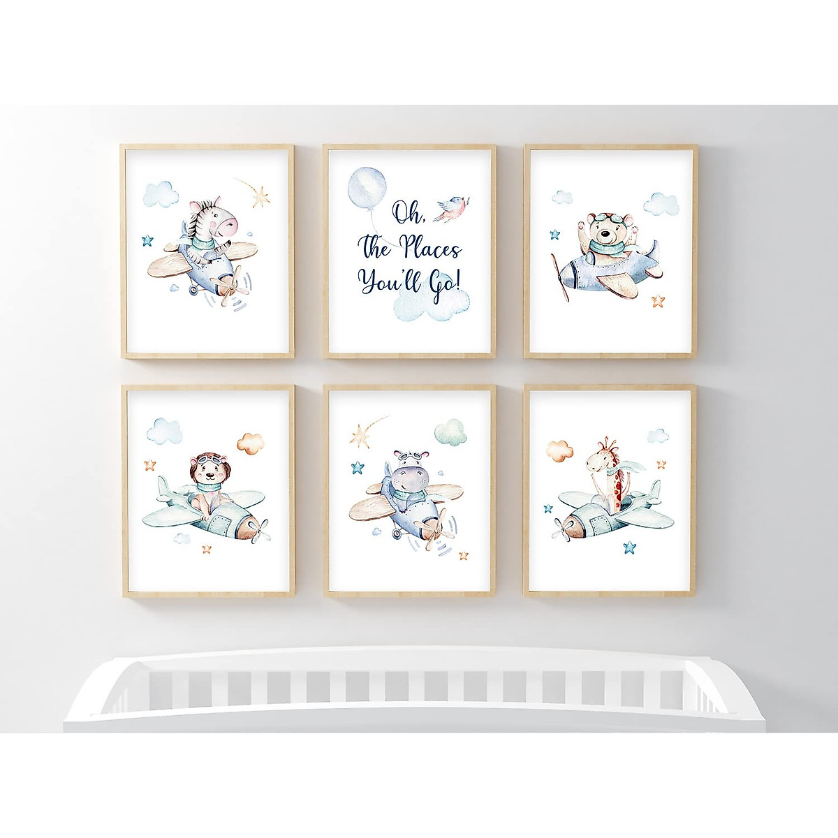 bumbleboo Nistio® Oh The Places You Will Go Nursery Print, Airplane Nursery Prints, Safari Animals Nursery Wall Art, Seuss Nursery Print, Airplane Nursery Wall Art, Unframed, Set of 6 Prints, 8x10