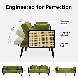 Dolonm 62 Inch Velvet Sofa with Rattan Armrests and 2 Pillows, Loveseat Sofa with Metal Feet, Modern Convertible Futon Couch, Multi-Functional Sofa Bed, Accent Sofa for Living Room, Olive Green