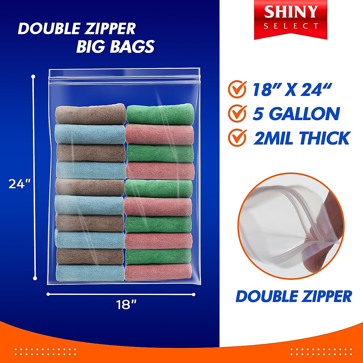 SHINY SELECT [ 12 COUNT ] 5 Gallon Double Zipper Jumbo Bags, 18x24 inches,12 Count Heavy Duty Storage Bag for Clothing, Bedding, Shoes, Pillows, Pet Supplies, Crafts, Books, Magazines, Toys