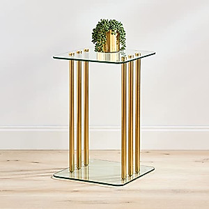 mDesign Square Glass Top Side Table - Modern Decorative Accent End Metal Nightstand Furniture for Bedroom, Living Room, Home Office, Dorm Room - 25" Tall - Milan Collection - Clear/Brass