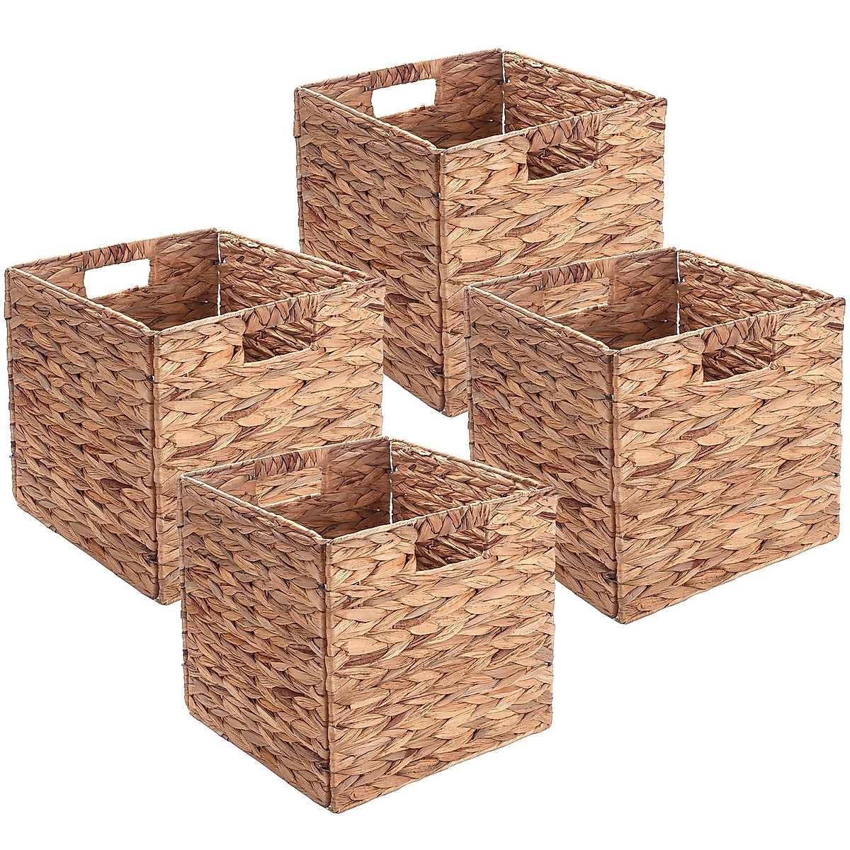 Set of 4 Wicker Storage Basket, Woven Baskets for Storage, Foldable Wicker Storage Basket for Shelf, Cube Storage Bin for Shelves, Water Hyacinth Laundry Organizer Square Shelf Baskets, 12''x12''x12''