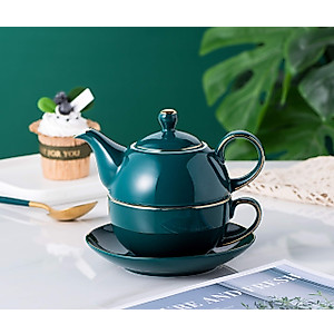 Jusalpha Dark Turquoise Green Fine China 16 OZ Teapot- Tea cup- Saucer Set, Tea-for-One set #08