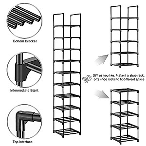 Hossejoy 10 Tiers Tall Shoe Rack, Metal Shoe Rack Organizer, Narrow Shoe Shelf Storage, Space Saving Shoe Stand for Narrow Space, Bedroom, Living Room, Hallway, 28 x 30.5 x 175 cm, Black