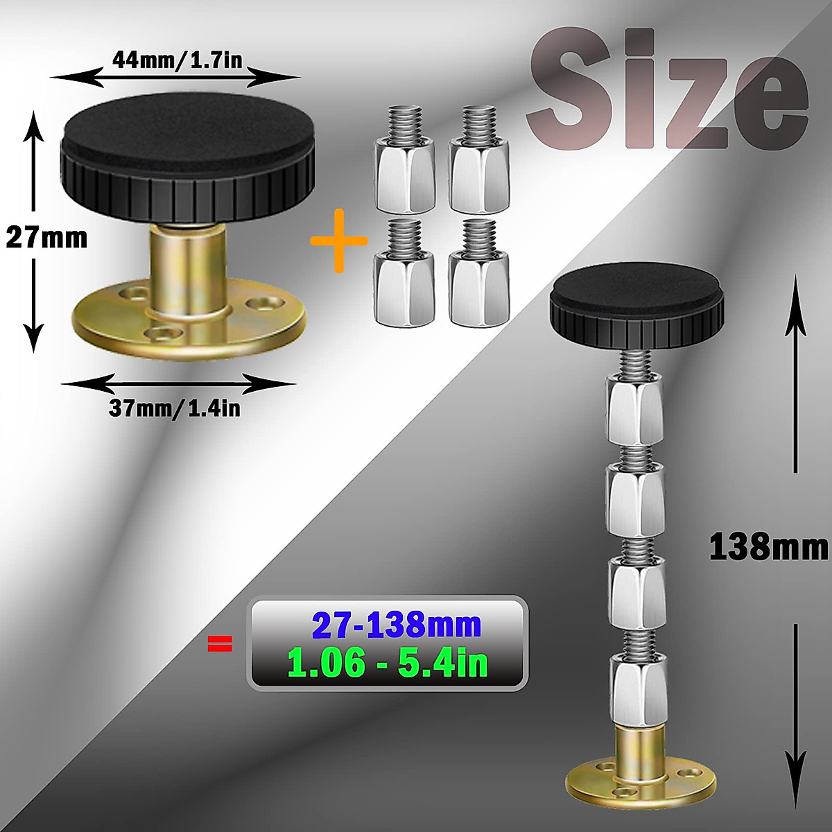 BEDEXUT Adjustable Threaded Headboard Stoppers Fixer, Bedside Antishake Telescopic Support Stabilizer, 4 Pack Metal Bed Frame Anti-Shake Tool for Room Wall, Beds, Cabinets, Sofas. (Gold 27-138mm)