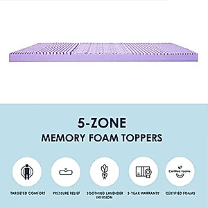 Mellow 3 Inch 5-Zone Memory Foam Mattress Topper, Soothing Lavender Infusion, Queen