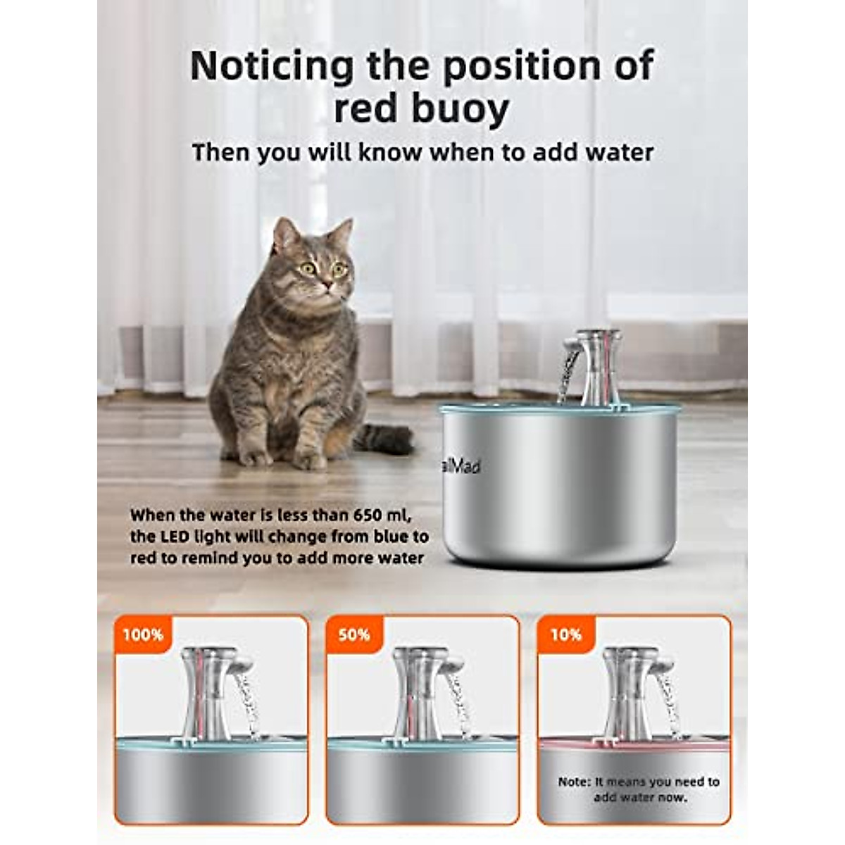 GoalMad Stainless Steel 67oz/2.0L Automatic Drinking Water Dispenser Cat Water Bowl Pet Water Fountain with LED Light & Filter for Cats, Dogs