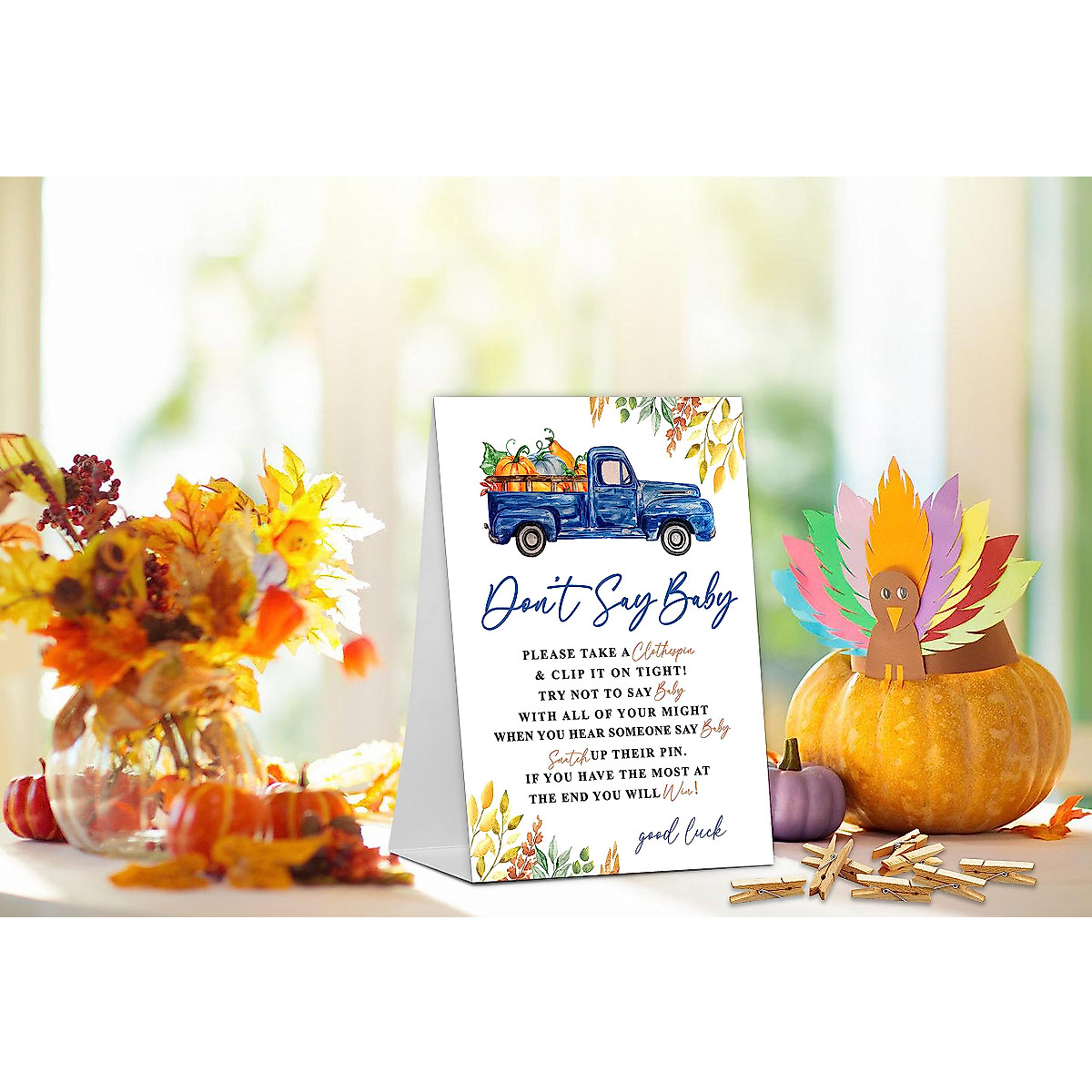 Don't Say Baby Game, Fall Autumn Thanksgiving Pumpkins Baby Shower Game Include Baby Shower Sign and 50 Pcs Mini Clothespins, Gender Neutral Baby Shower Decoration, Party Favors Supplies-LF14