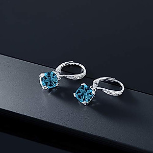 Gem Stone King 925 Sterling Silver London Blue Topaz and White Diamond Earrings For Women (3.71 Cttw, Gemstone November Birthstone, Cushion 7MM)