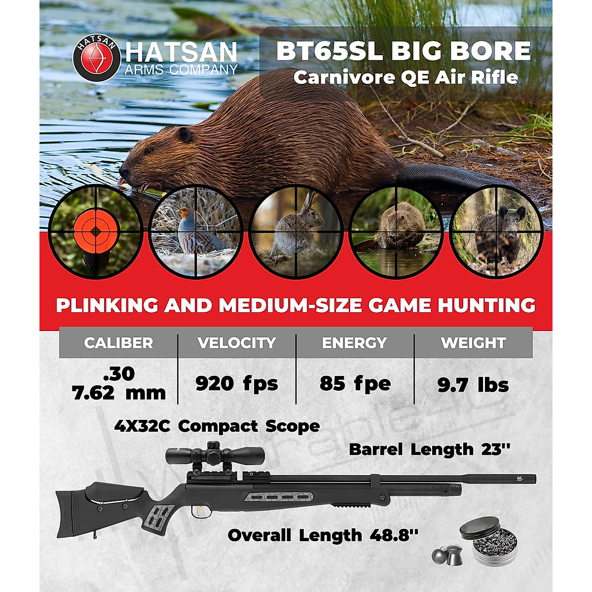Wearable4U - Hatsan BT 65 SL QE Big Bore Carnivore .30 Cal PCP Air Rifle w/Scope and 100 Paper Targets and 100x .30 Cal Pellets Bundle