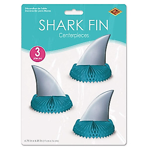 Beistle 3 Piece Shark Theme Party Supplies Birthday Decorations Table Centerpieces, Gray/Blue, 6.75" x 6.25"