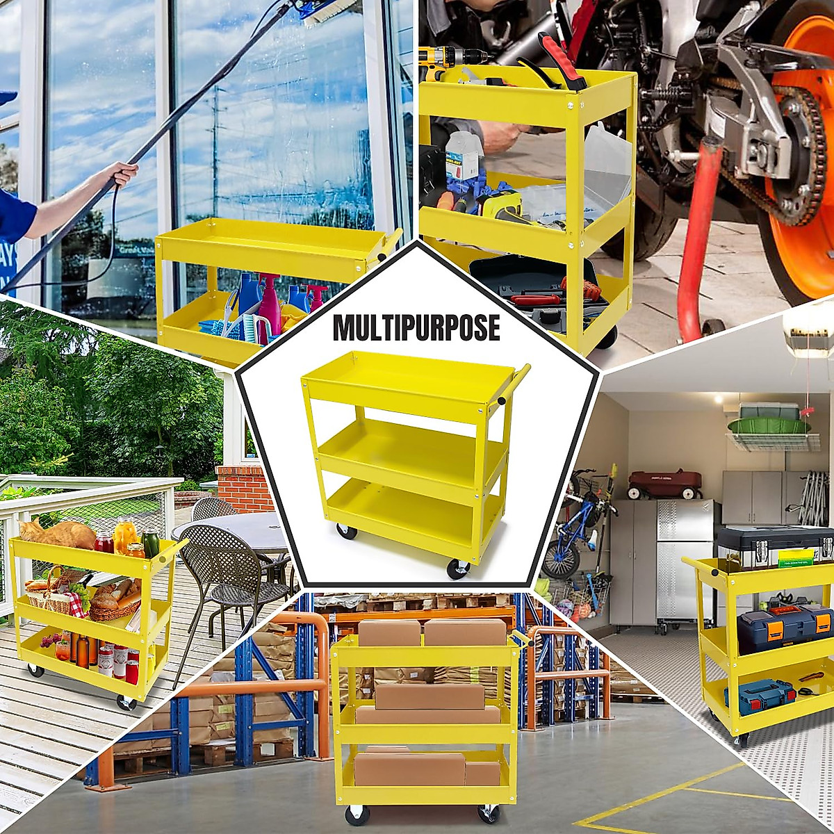 Generic 3 Tier Utility Service Cart 400 lbs, Steel Rolling Tool Cart on Wheels,Load Capacity for Mechanic Garage Warehouse Workshop & Repair Shop,Yellow