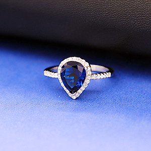Uloveido Unique Sterling Silver Solitaire Rings, Pear Shape Navy Blue Cubic Zirocnia Halo Rings, Fashion Women Wedding Engagement Jewelry (Blue, Size 7) JZ116