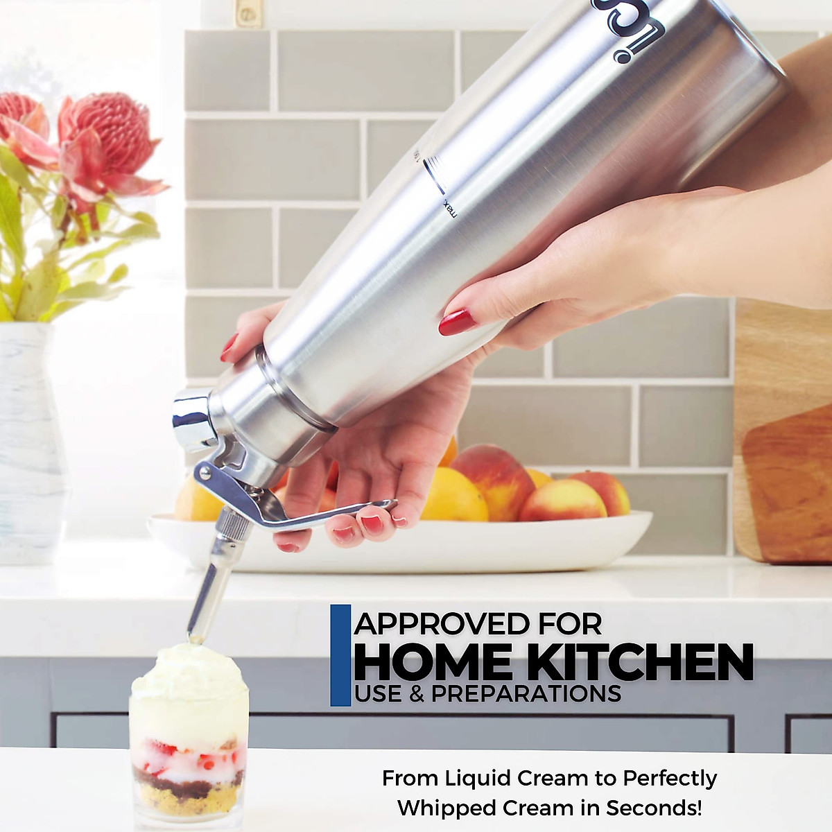 ICO 1 Liter (1 Quart) Professional Stainless Steel Whipped Cream Dispenser for Homemade Whipping Cream, Whipped Cream Maker for Desserts, Dips, Sauces, and Infused Liquors