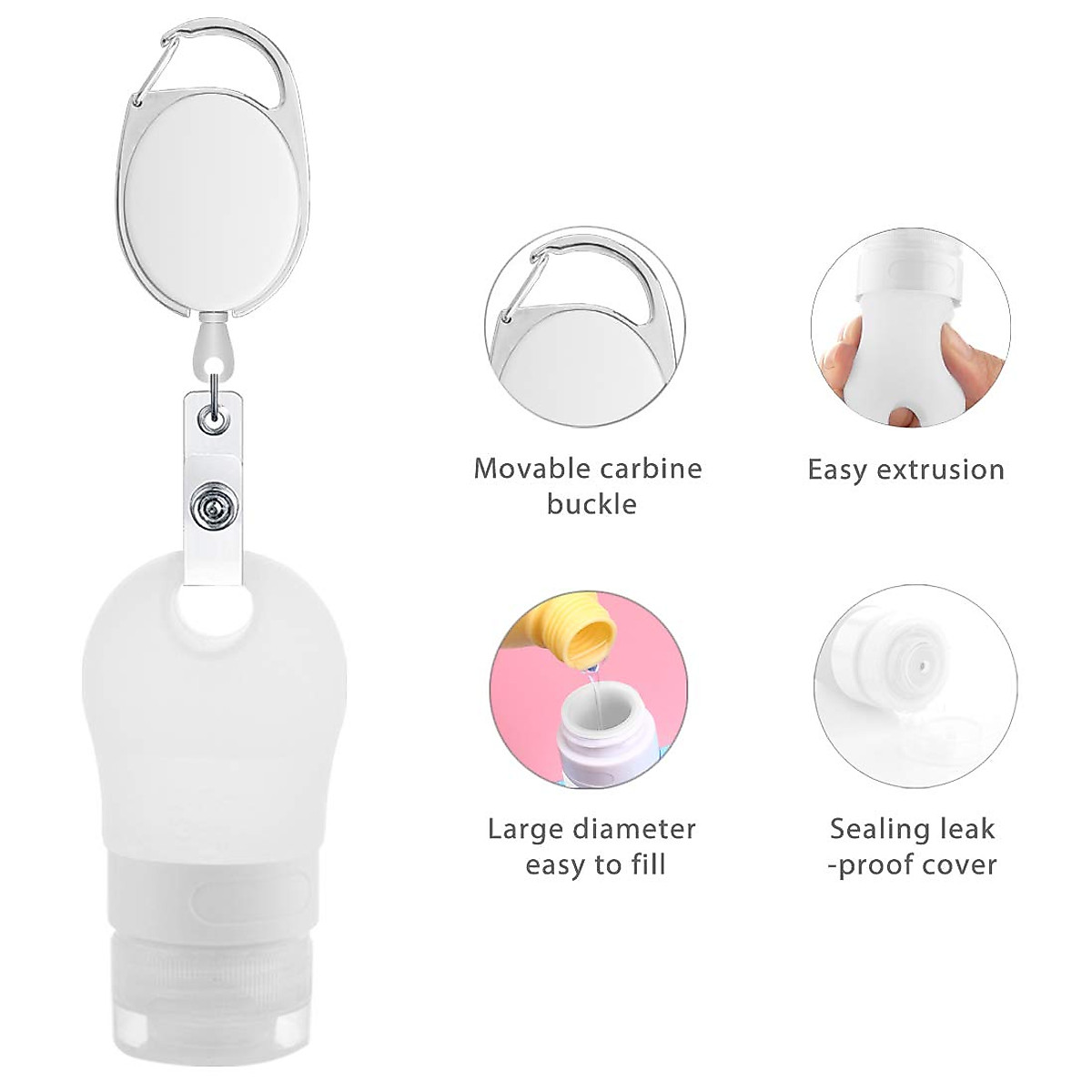 LUEXBOX 4 PACK Portable Travel Bottle Set, Leakproof Silicone Bottles with Stretchable Lanyard, Travel Sized Empty Liquid Bottles Container, Reusable, Squeezable and Refillable (White)