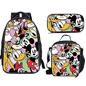 Funny Mic.key Mouse Teens Backpack 3Pcs Travel Laptop Schoolbag Sets Daypack with Lunch Box And Pencil Case for Boys Girls Gifts
