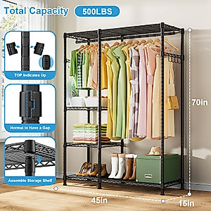Ulif F4 Heavy Duty Clothes Rack（With Hanger Rod ） Freestanding Clothing Racks for Hanging Clothes，Adjustable Closet Organizer System，Portable Garment Rack 45" W x 15" D x 70" H，Max Load 500LBS，Black