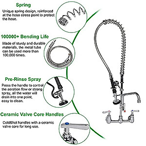 TCEUMIK Commercial Kitchen Sink Faucet with Pre-Rinse Sprayer 8'' Center 36'' Height with 12'' Swivel Spout Adjustable Wall-Mount Faucet for 2 or 3 Industrial Restaurant Compartment Utility Sinks