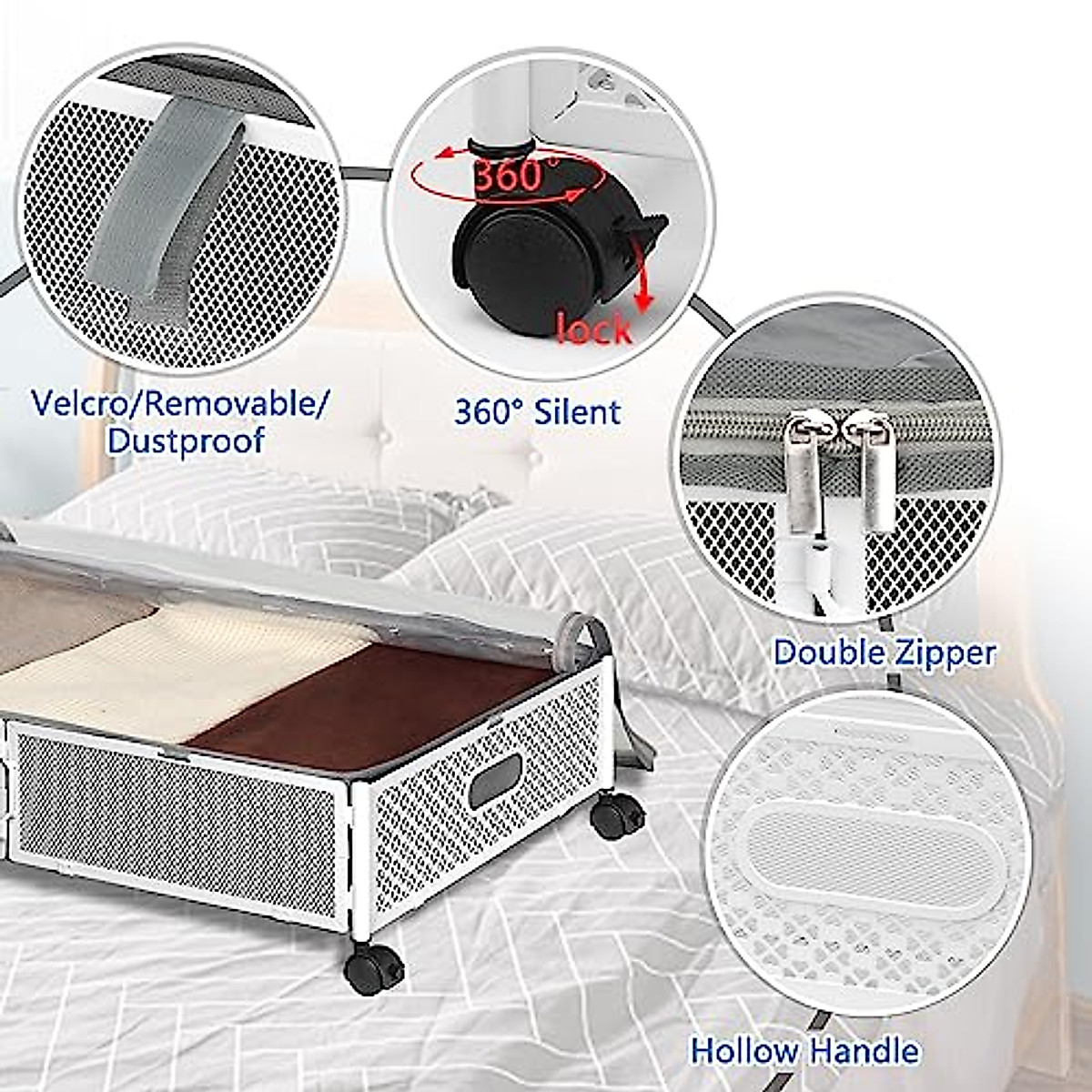 punemi Under Bed Storage With Wheels And Lid & Removable Bags, 1Pcs Rolling Underbed Storage & Handle, Metal Underbed Storage Containers For Clothes Toys Blankets,Bedroom, Tool-Free Assembly，White