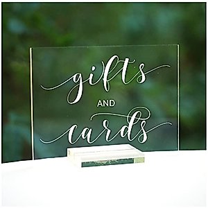 Cedar and Ink Gifts and Cards Sign w Acrylic Stand, Acrylic Wedding Signs Cursive, Clear Lucite Glass-Like Gift Sign for Table or Wedding Cards Sign for Acrylic Card Box, Stand Included