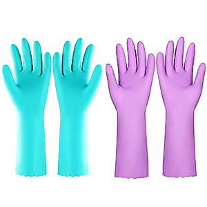 Elgood Reusable Dishwashing Cleaning Gloves with Latex free, Cotton lining ,Kitchen Gloves 2 Pairs,Purple+blue, Medium